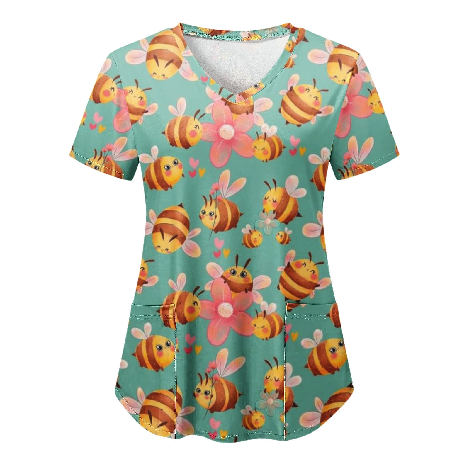 Scrub Tops for Women Bee Graphic Short Sleeve V-Neck Medical Uniform ...