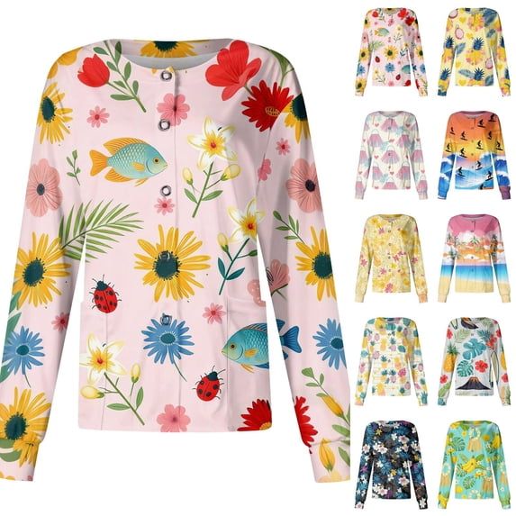 Scrub Tops for Women Floral Crew Neck Long Sleeve Medical Scrubs ...