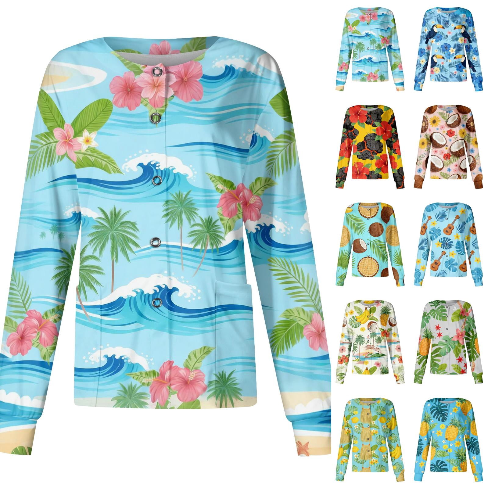 Scrub Tops for Women Floral Crew Neck Long Sleeve Medical Scrubs ...