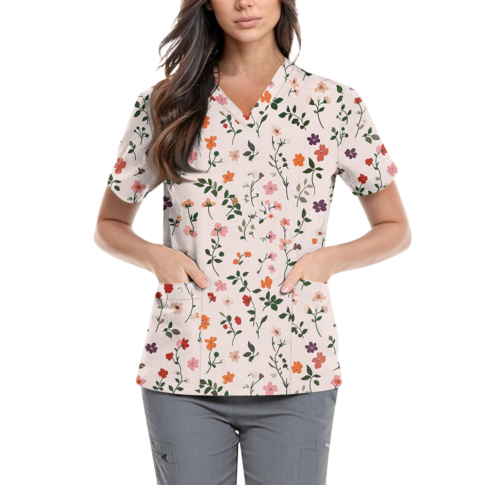 Scrub Uniforms for Women,Floral Print Scrub Tops - Side Pocket Design ...