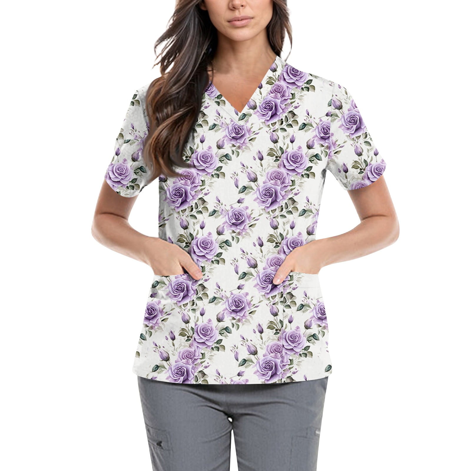 Scrub Uniforms for Women,Floral Print Scrub Tops - Side Pocket Design ...