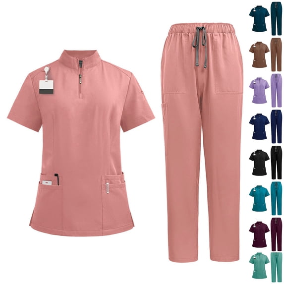 Scrubs Set Multiple pockets V-Neck Top and Drawstring Scrub Pant ...