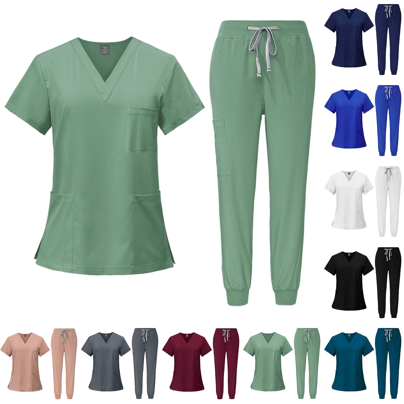 Scrubs Set for Women Nurse Uniform Jogger Suit Stretch V-Neck Short ...