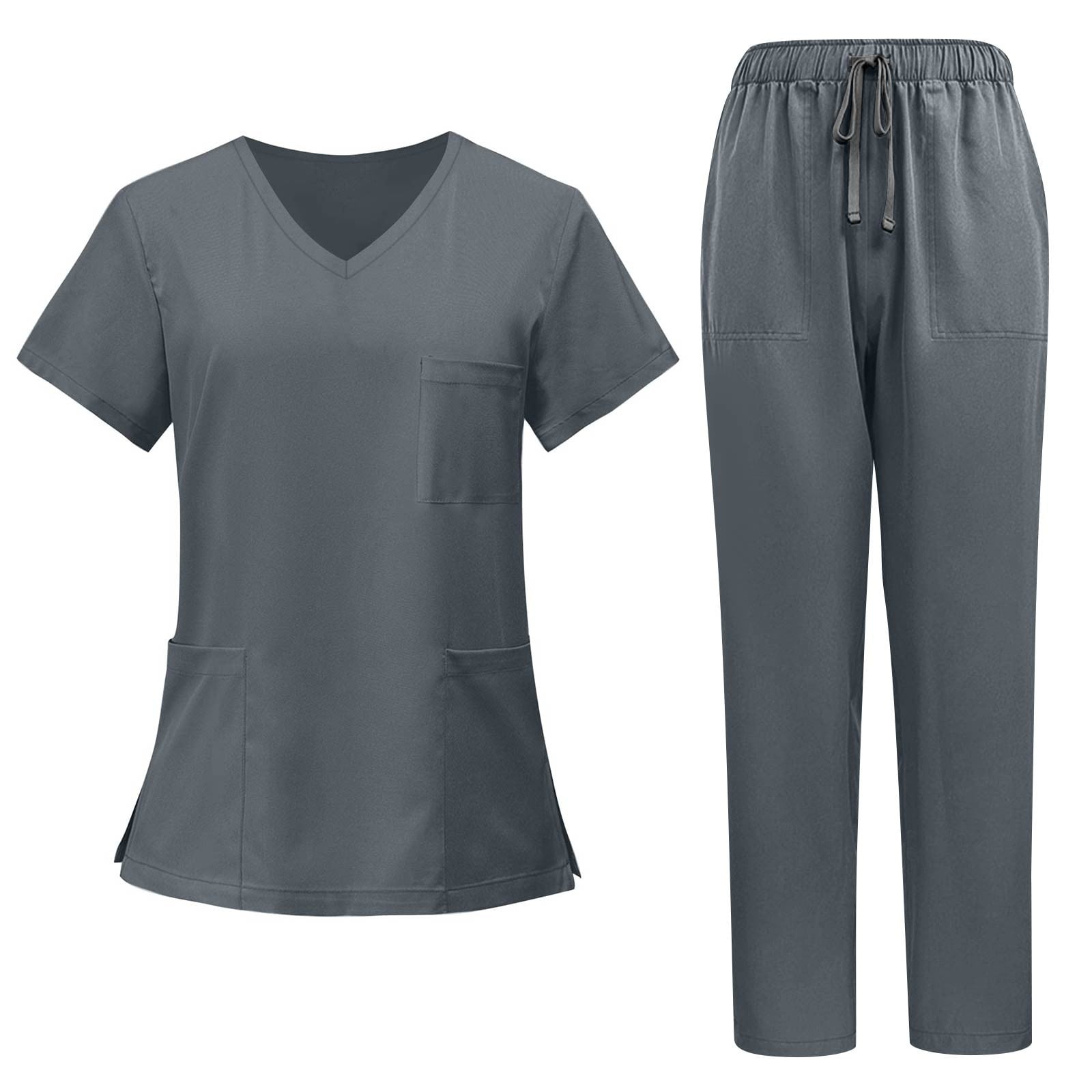 Scrubs Set，Women'S Fashion Solid Color V-Neck Scrub Sets Short Sleeve ...