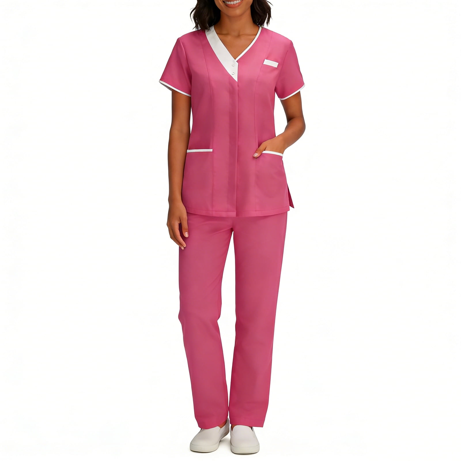 Scrubs for Women Medical Scrubs Set, Stylish Contrast Trim V-Neck Mock ...