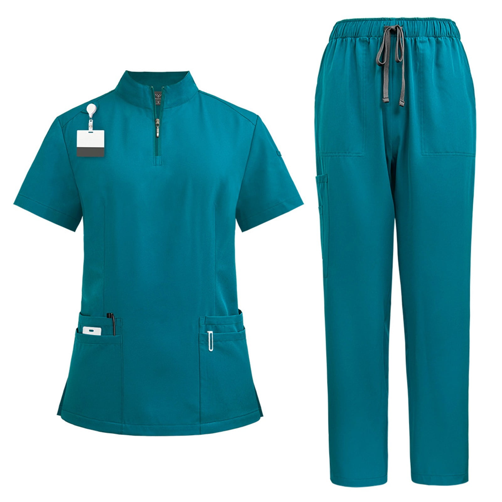 Scrubs Set for Women Solid Color V-Neck Nurse Uniform with Pocket ...