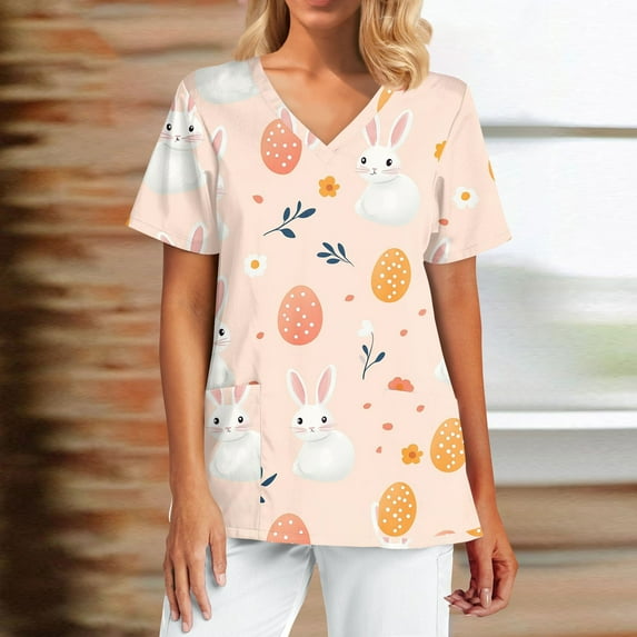 Scrubs Top Women，Easter Scrub Tops Women Bunny Egg Hunt Print Medical ...