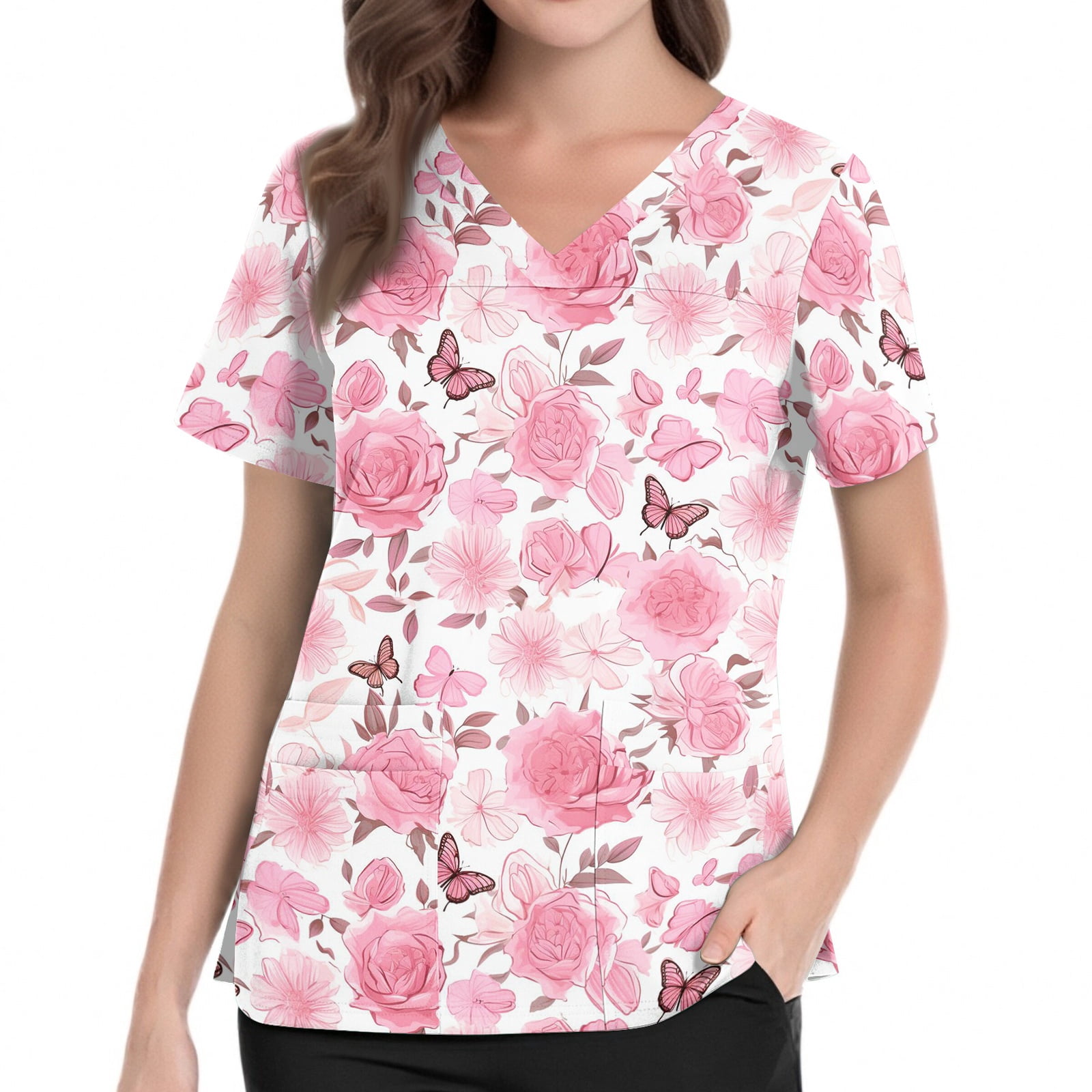 Scrubs for Women Floral Print V Neck Plus Size Scrub Shirts Nursing ...
