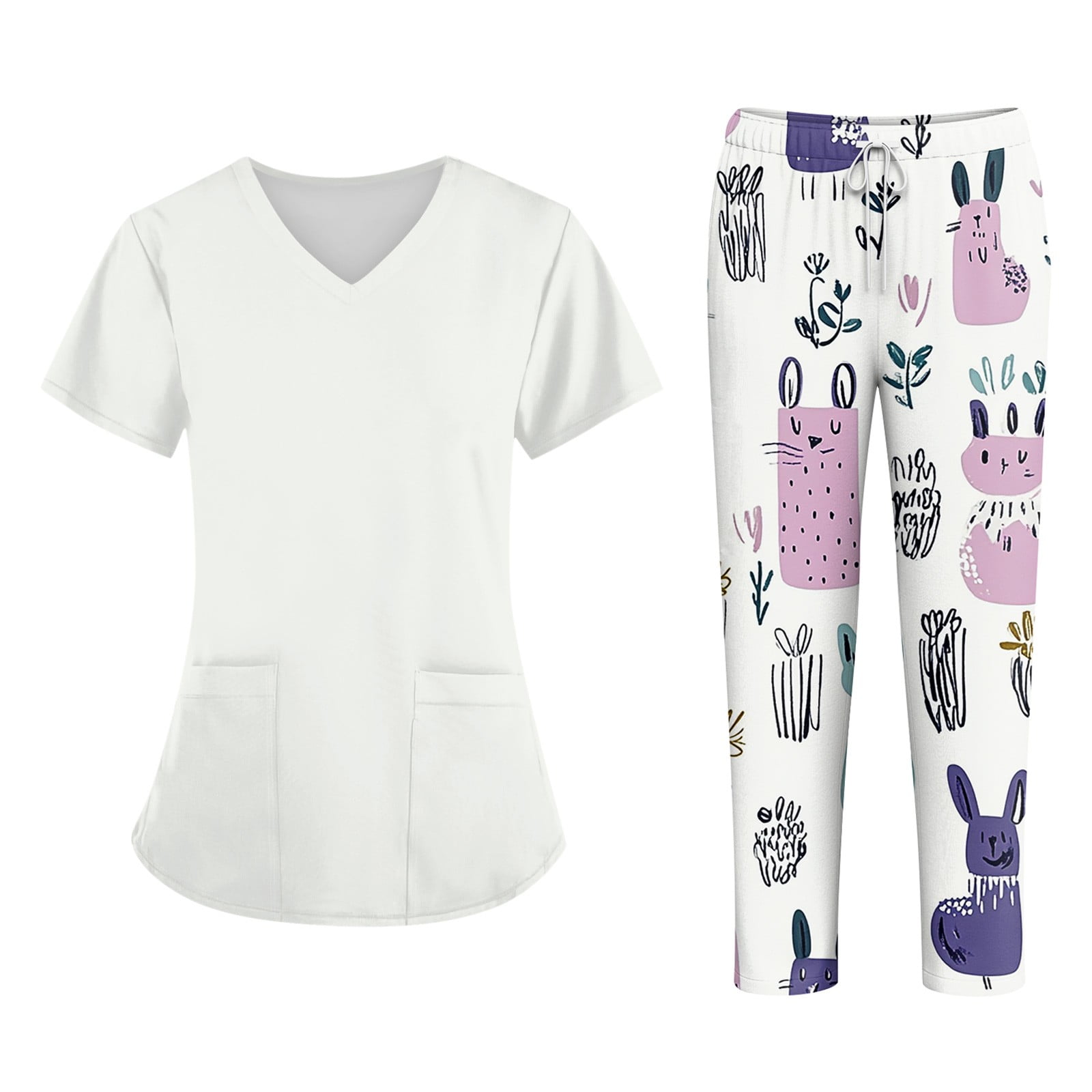 Scrubs Women Set,Scrubs For Women Set Short Sleeve Animal Flower ...