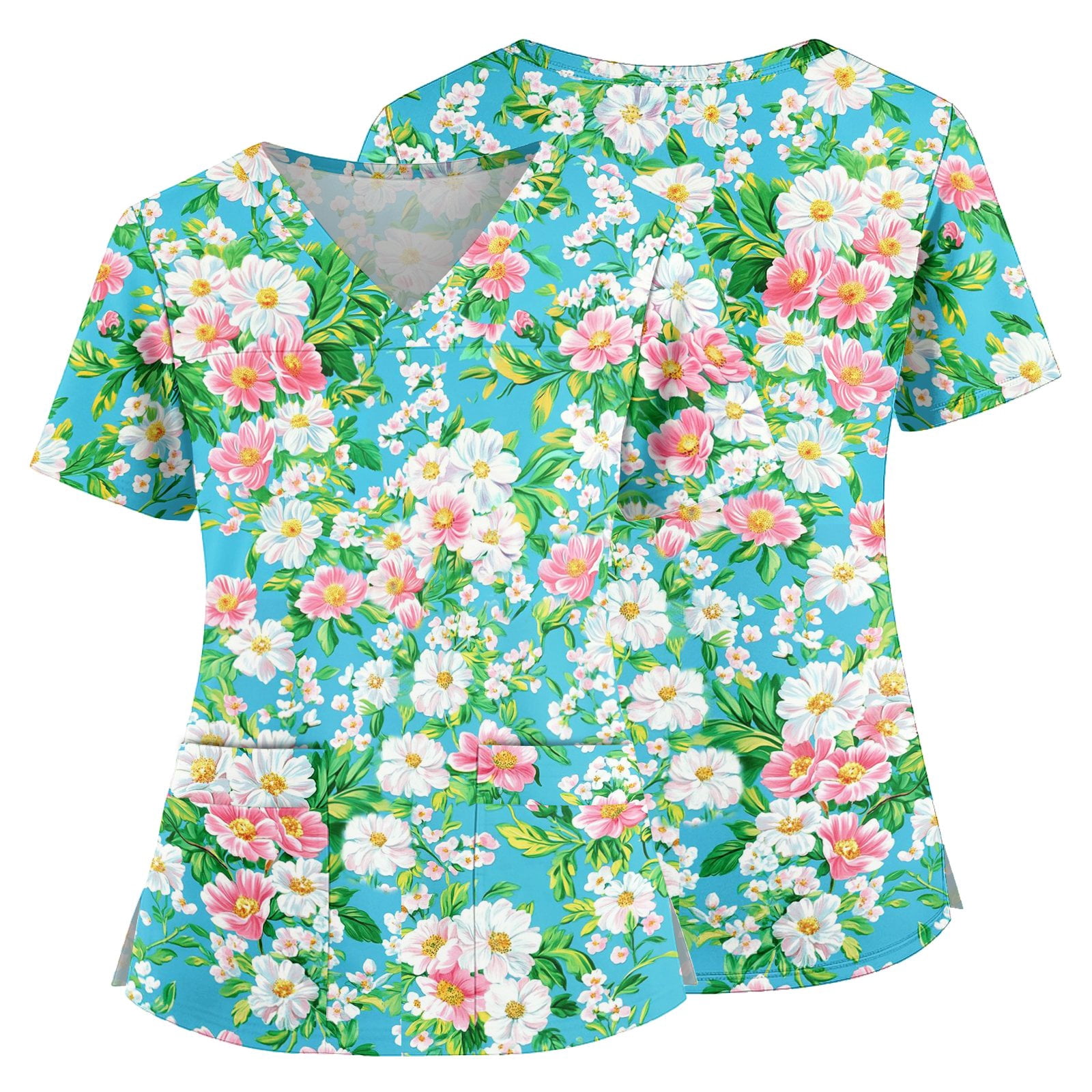 Scrubs for Women Floral Print Short Sleeve V Neck Soft Relaxed Fit ...