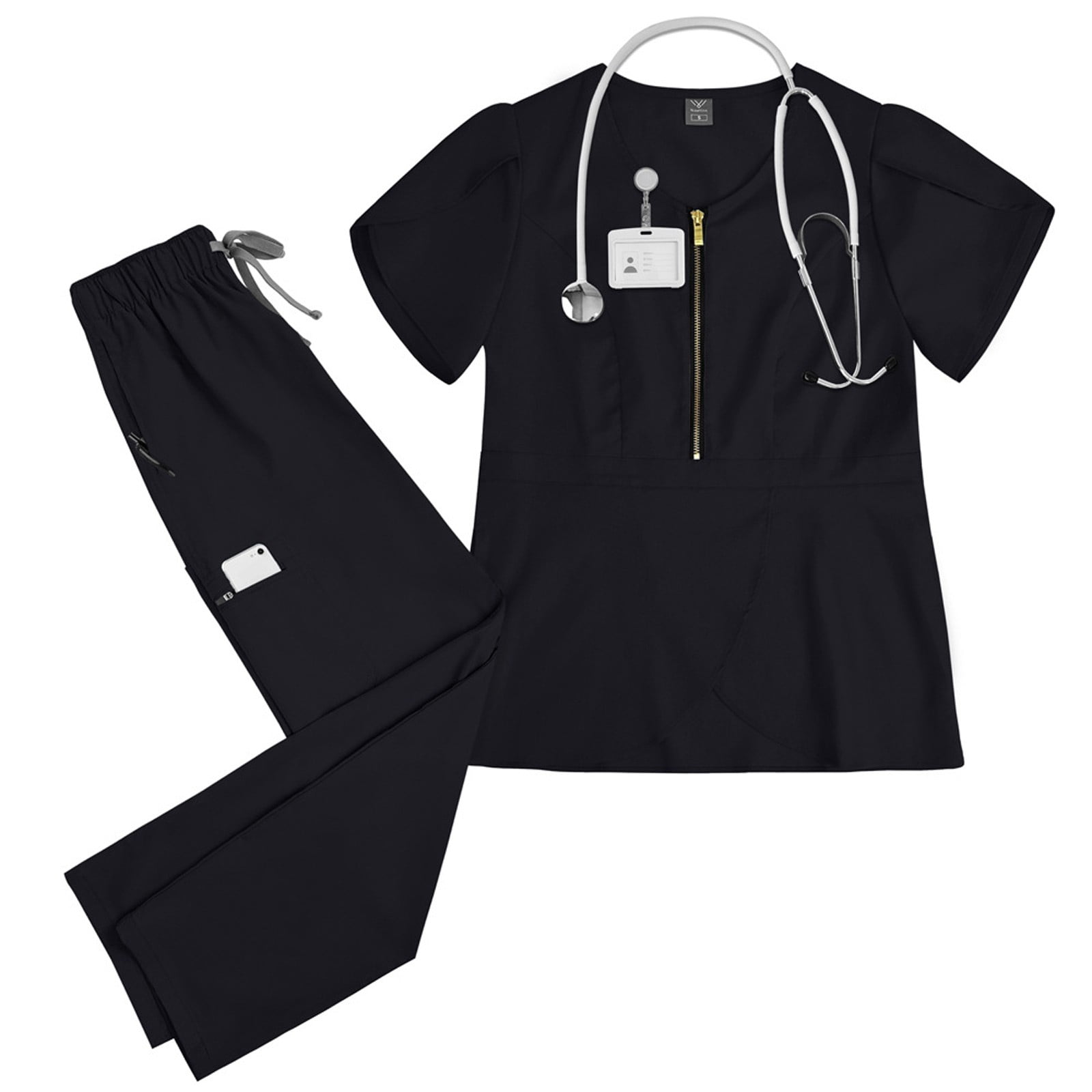 Scrubs for Women Set Plus Size Nurse Uniform Stretch Zipper V Neck ...