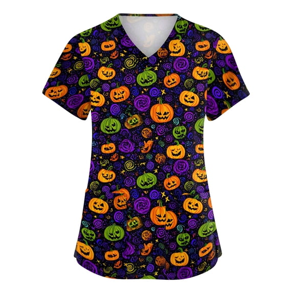 Scrubs for Women V Neck Short Sleeve Printed Tops Cartoon Pattern Free ...