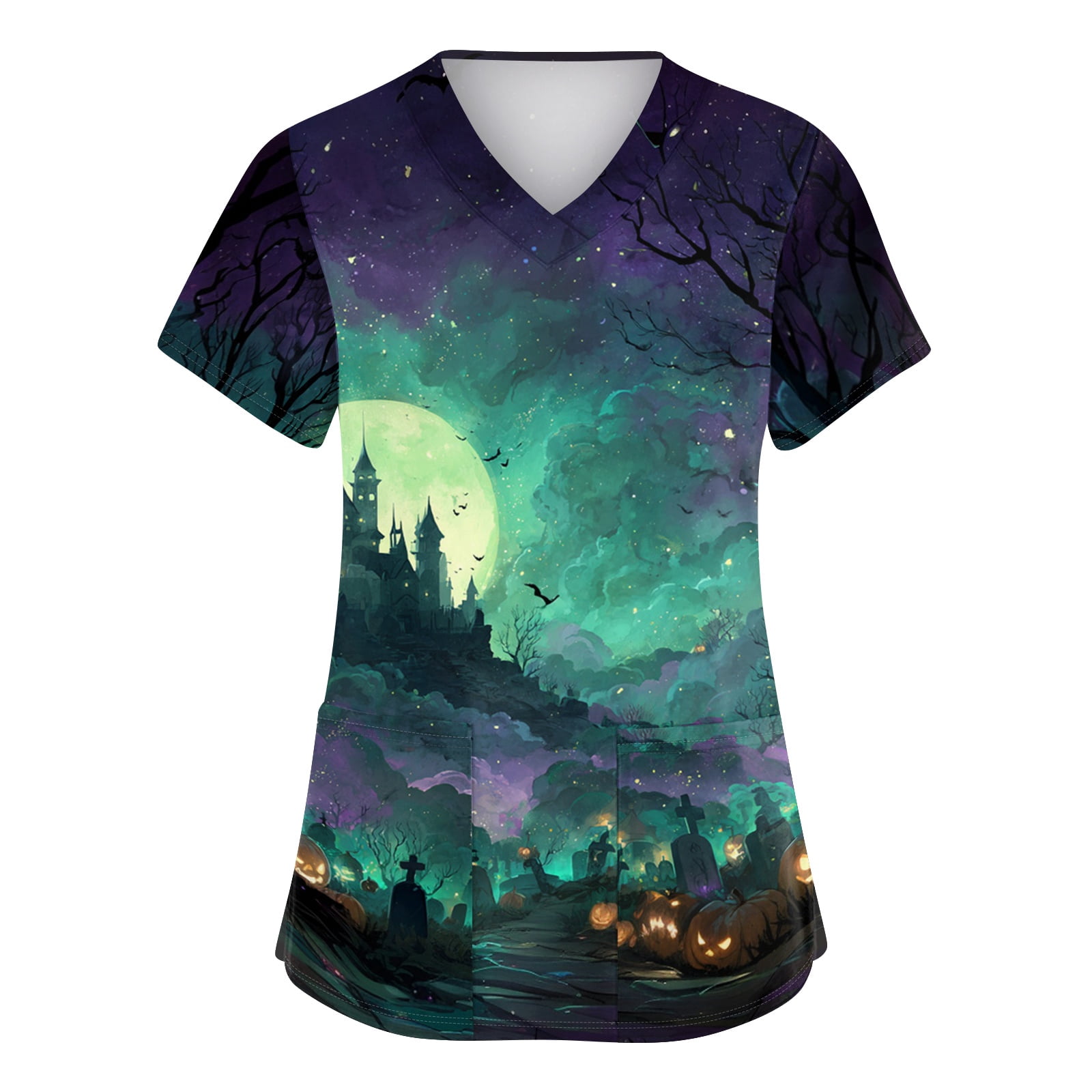 Scrubs for Women V Neck Short Sleeve Printed Tops Cartoon Pattern Free ...