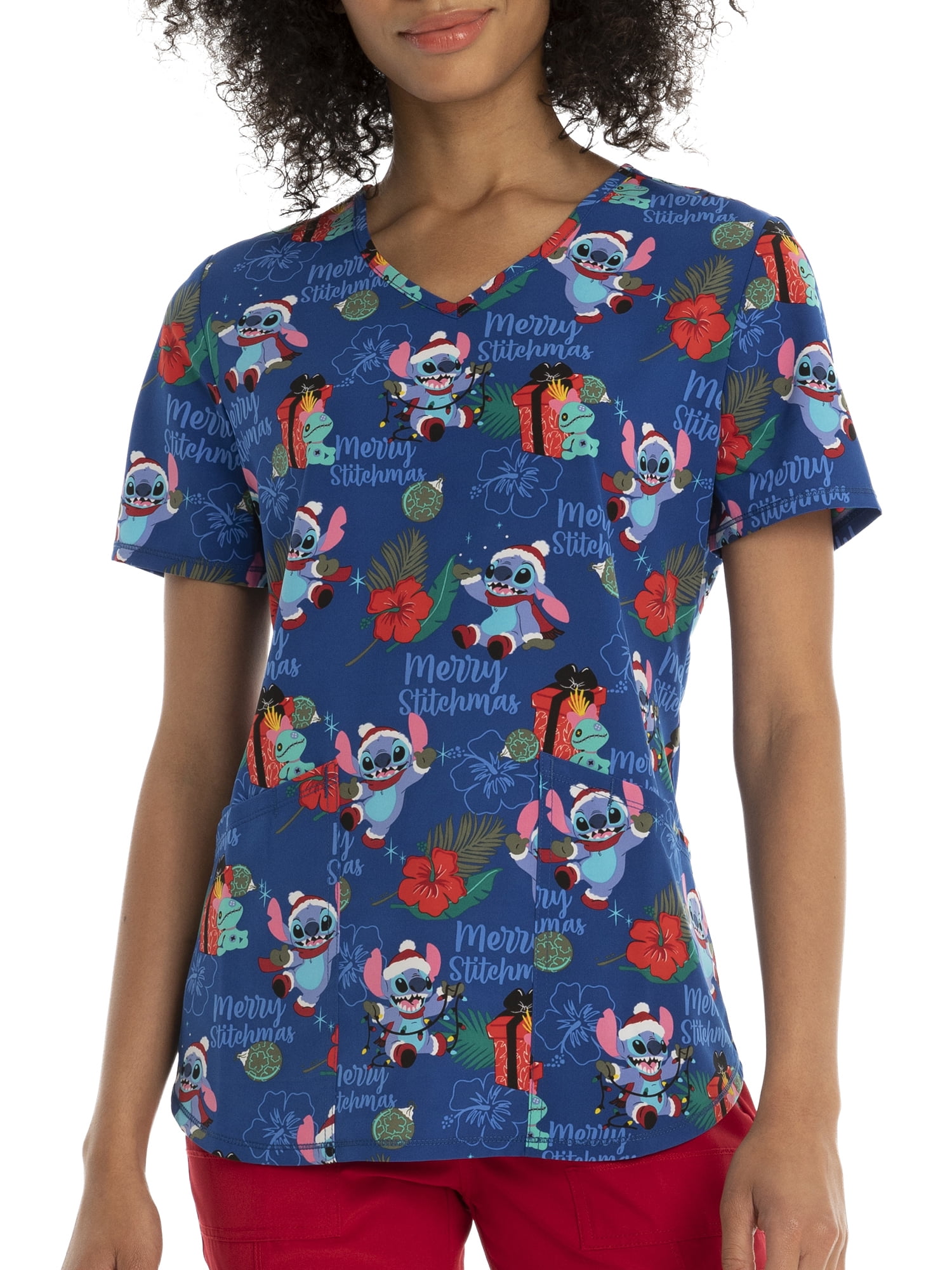 Scrubstar Women's Disney's Stitch "Merry Stitchmas" V-Neck Print Scrub ...