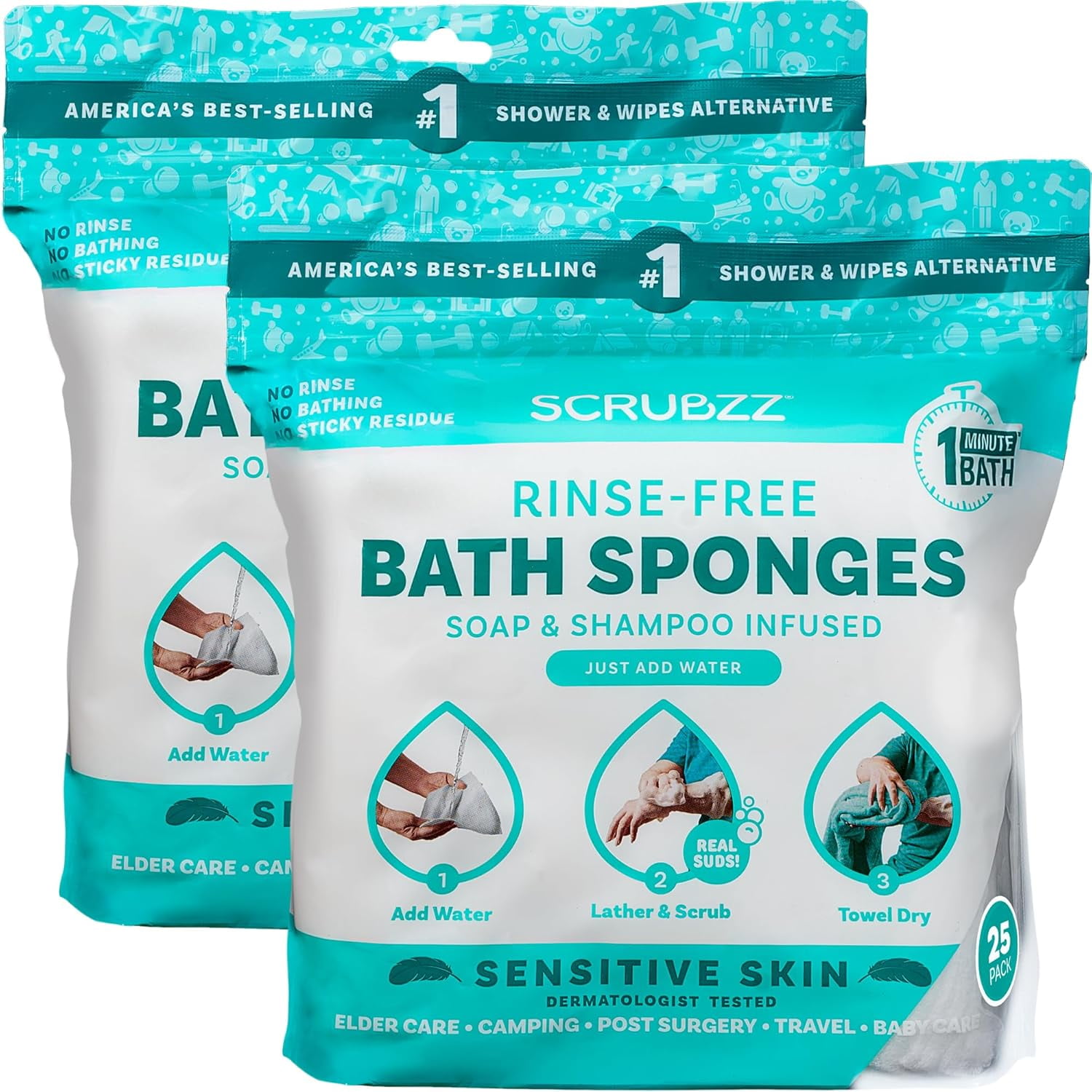 Scrubzz Disposable No Rinse Bathing Wipes for Sensitive Skin - All-in-1 ...