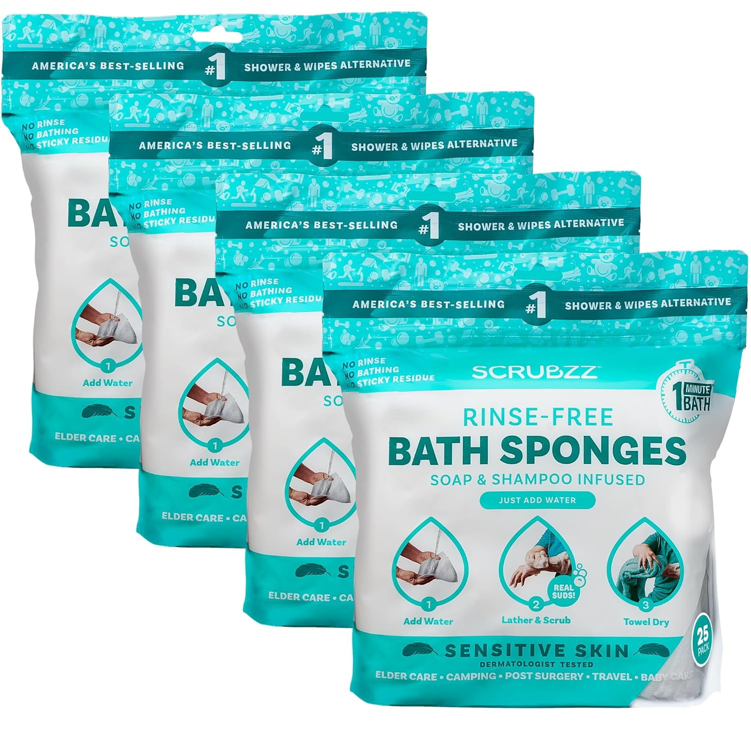 Scrubzz Disposable No Rinse Bathing Wipes for Sensitive Skin - All-in-1 ...