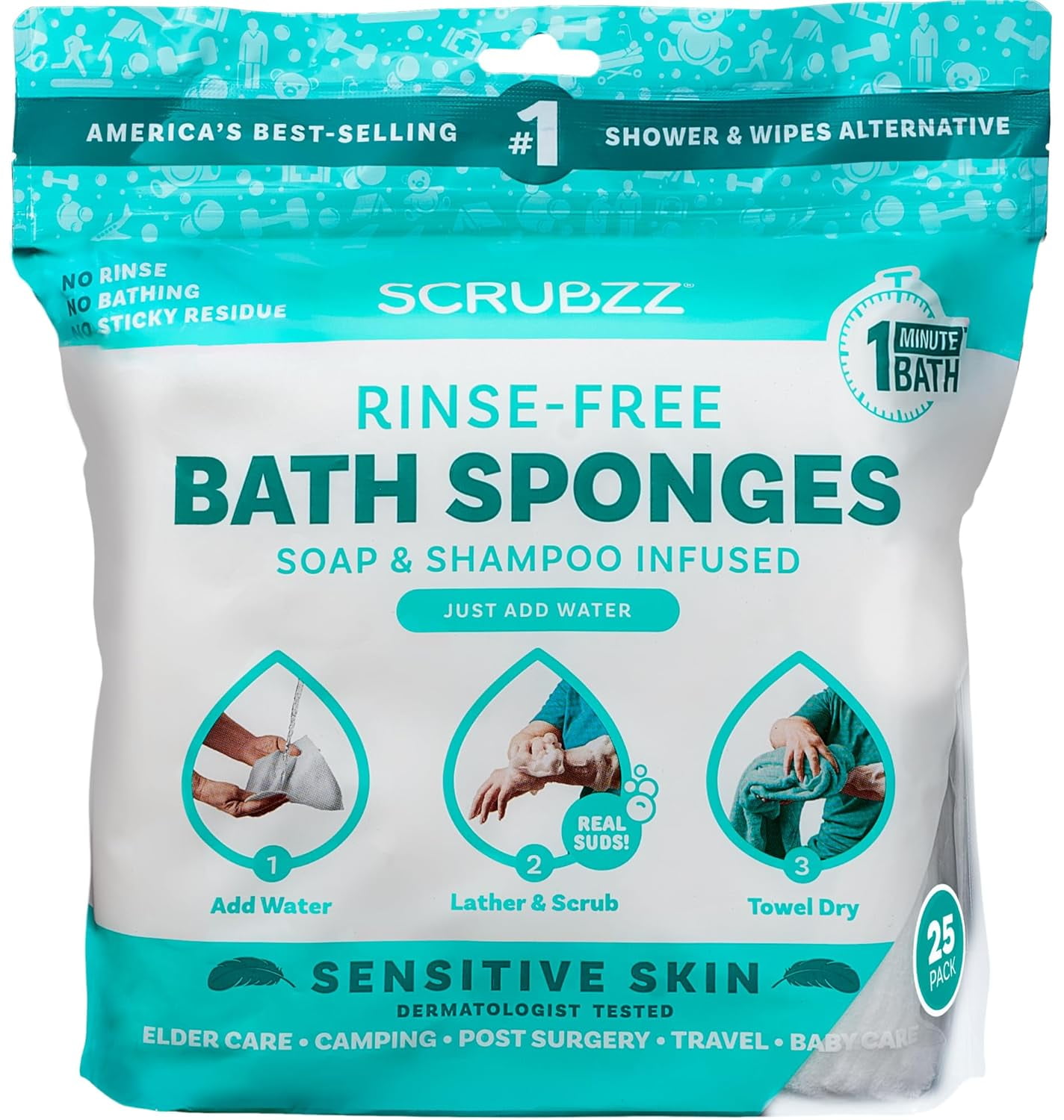 Scrubzz Disposable No Rinse Bathing Wipes for Senstive Skin - 25 Pack ...