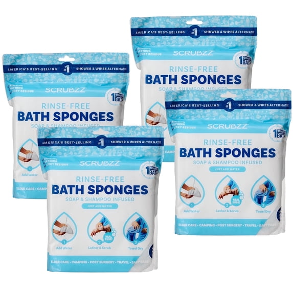 Scrubzz Rinse Free Bath Sponges, Gentle Body Wash Wipes, 100 Count, 4 ...