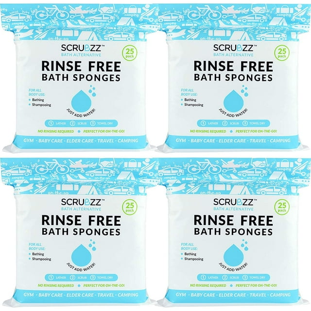 Scrubzz Rinse Free Bath Sponge, No Rinse Bath Wipes - 100 Count - 4 ...