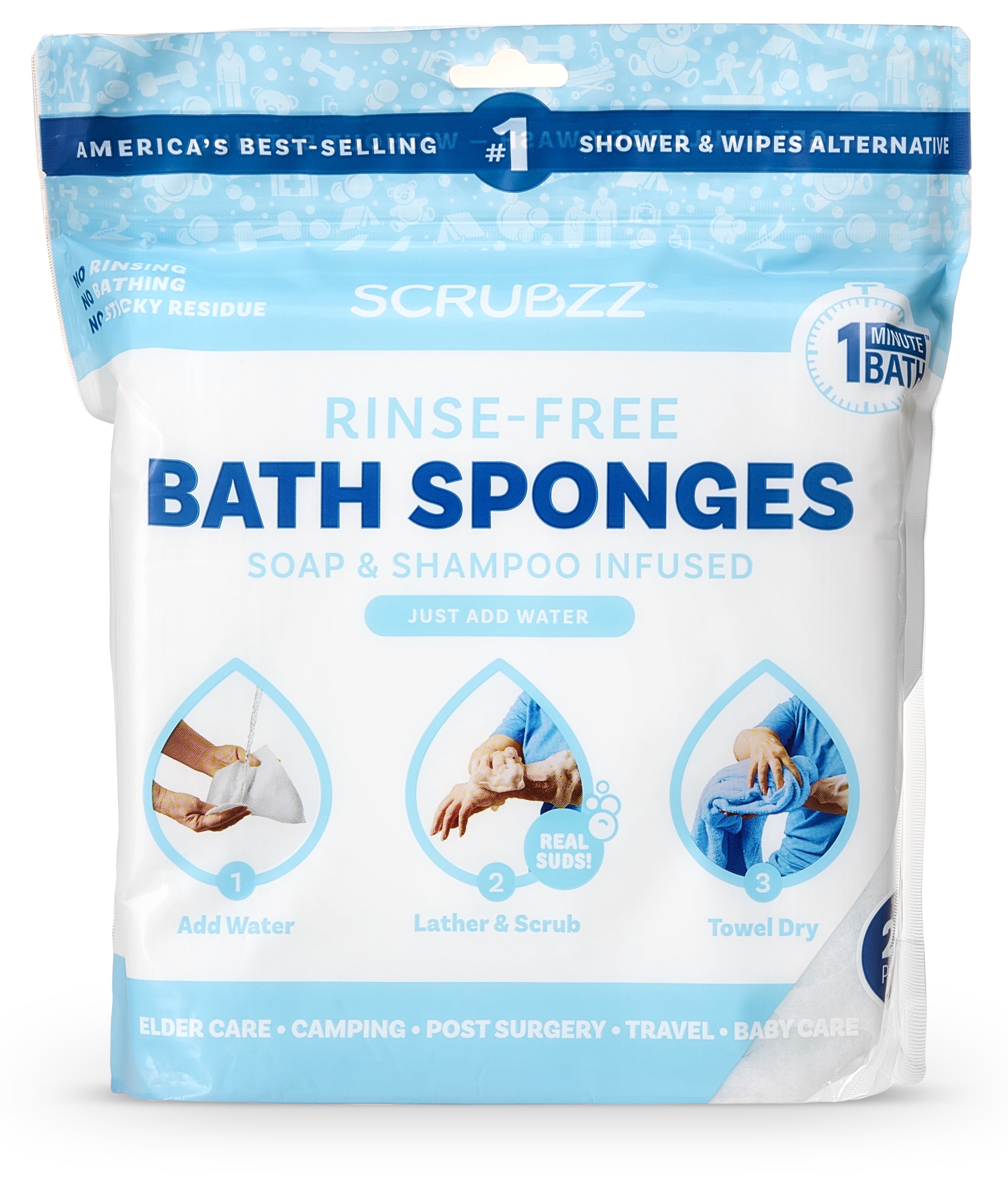 Scrubzz Rinse Free Bath Sponge, No Rinse Bath Wipes - 25 Count - 1 Pack ...