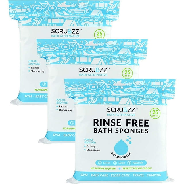 Scrubzz Rinse Free Bath Sponge, No Rinse Bath Wipes - 75 Count - 3 Pack ...