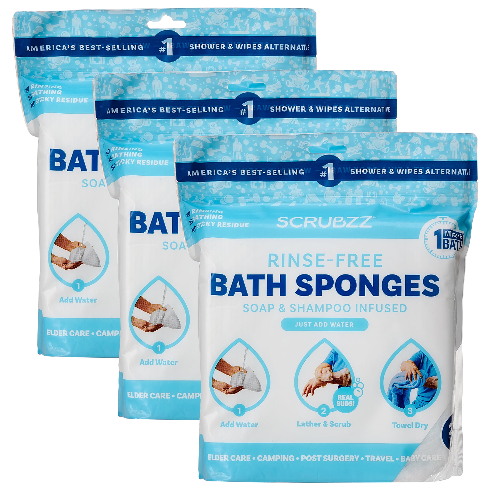 Scrubzz Disposable Bath Sponges, Rinse Free Personal Care Shower Wipes ...