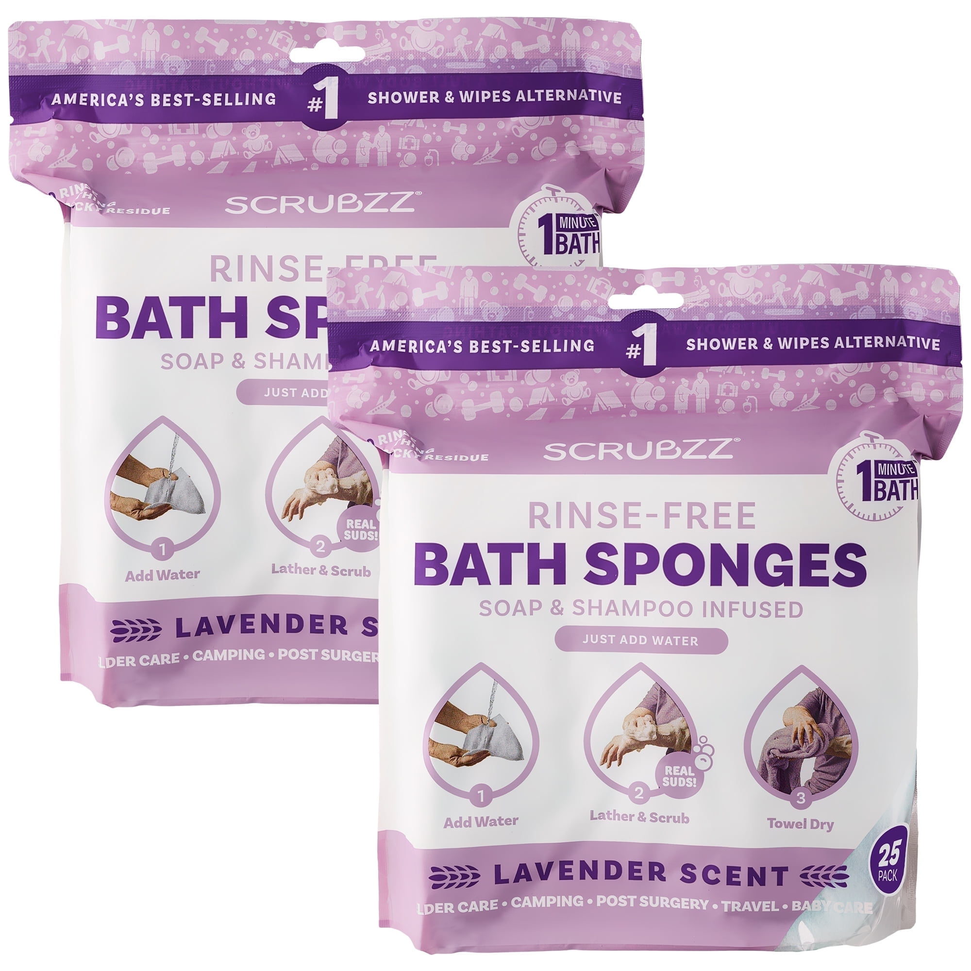 Scrubzz Disposable Personal Care Bathing Sponges, No Rinse Bath Wipes ...