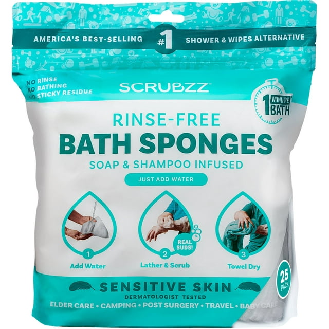 Scrubzz Rinse Free Bath Sponge, No Rinse Bath Wipes, Sensitive Skin ...