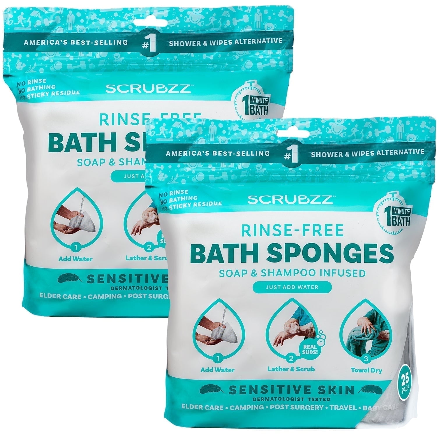 Scrubzz Rinse Free Bath Sponge, No Rinse Bath Wipes, Sensitive Skin ...