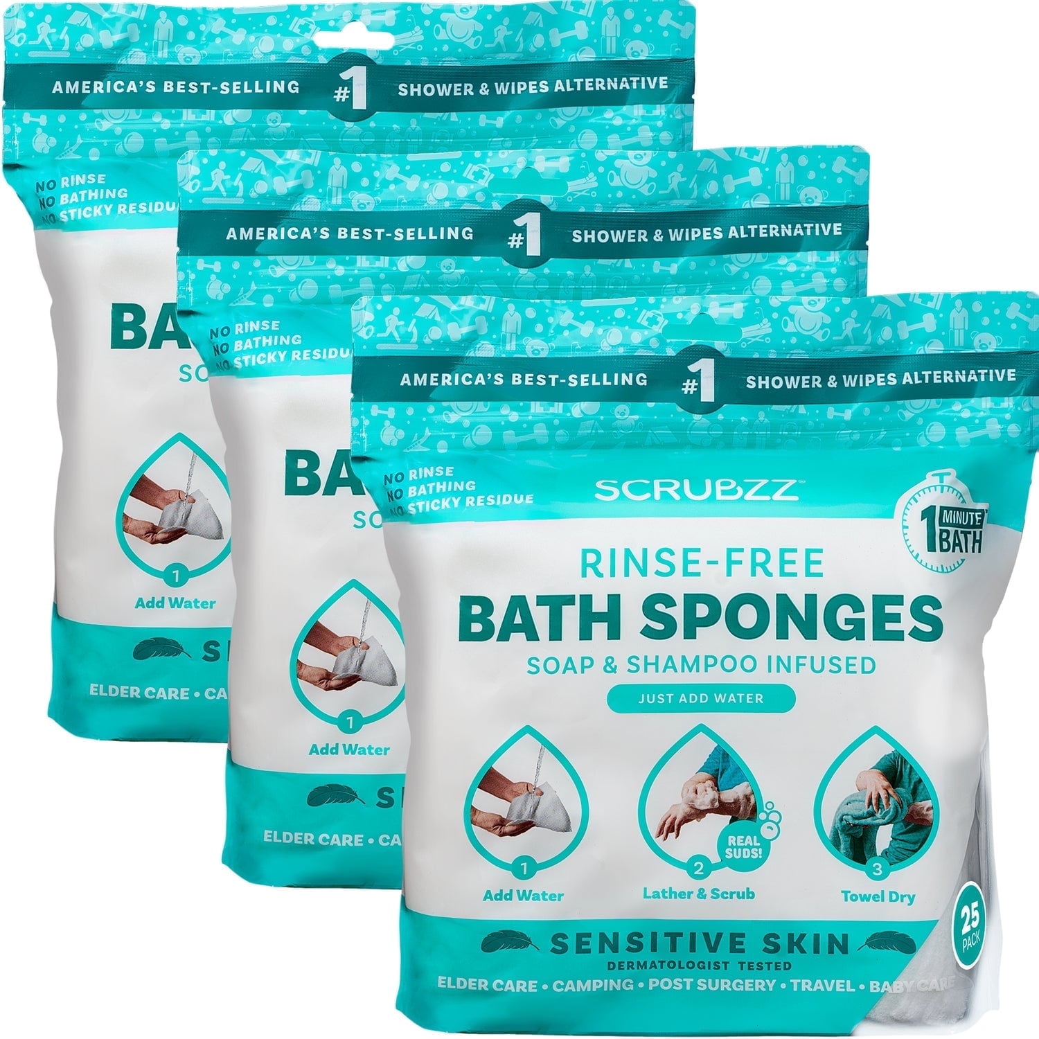 Scrubzz Rinse Free Bath Sponge, No Rinse Bath Wipes, Sensitive Skin ...