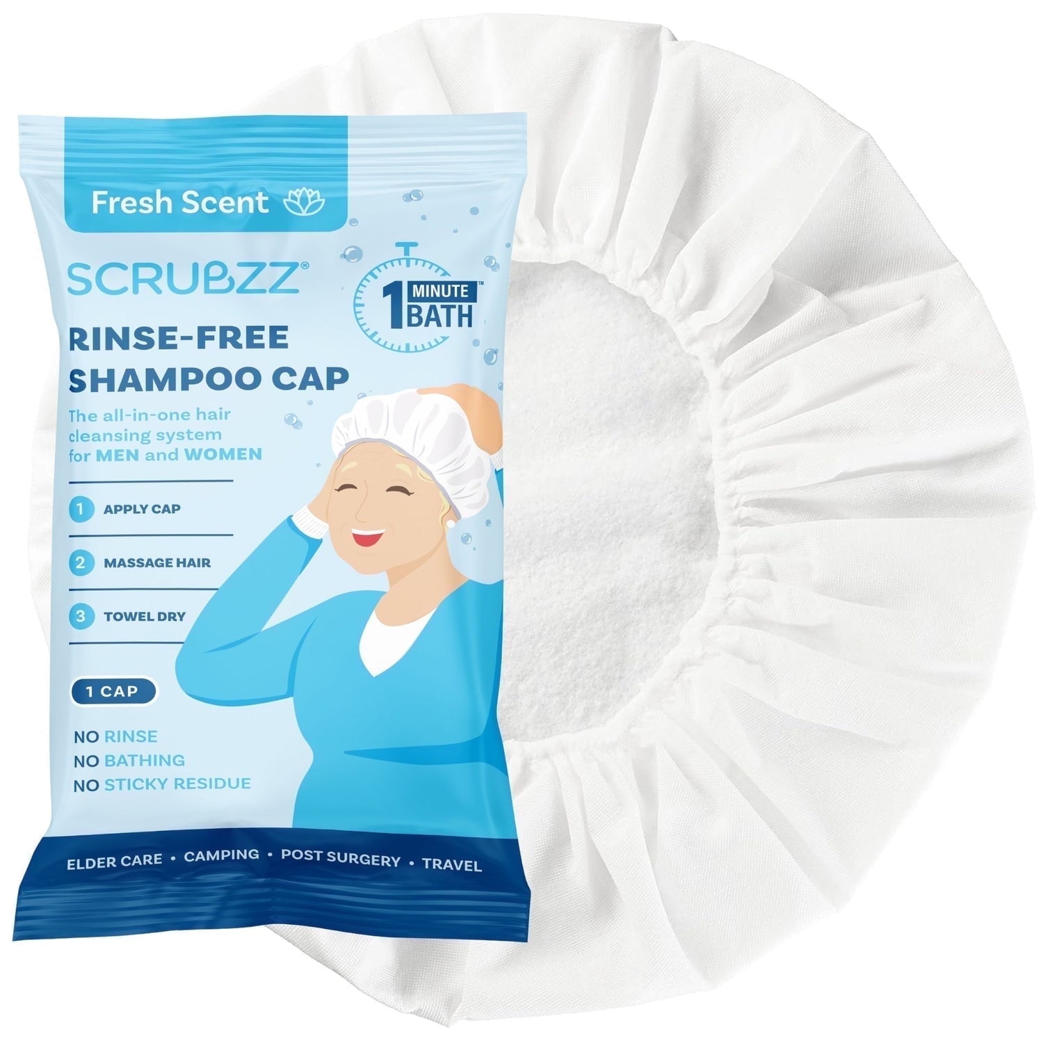 Scrubzz Rinse-Free Shampoo Caps, Waterless Hair Washing Caps for ...