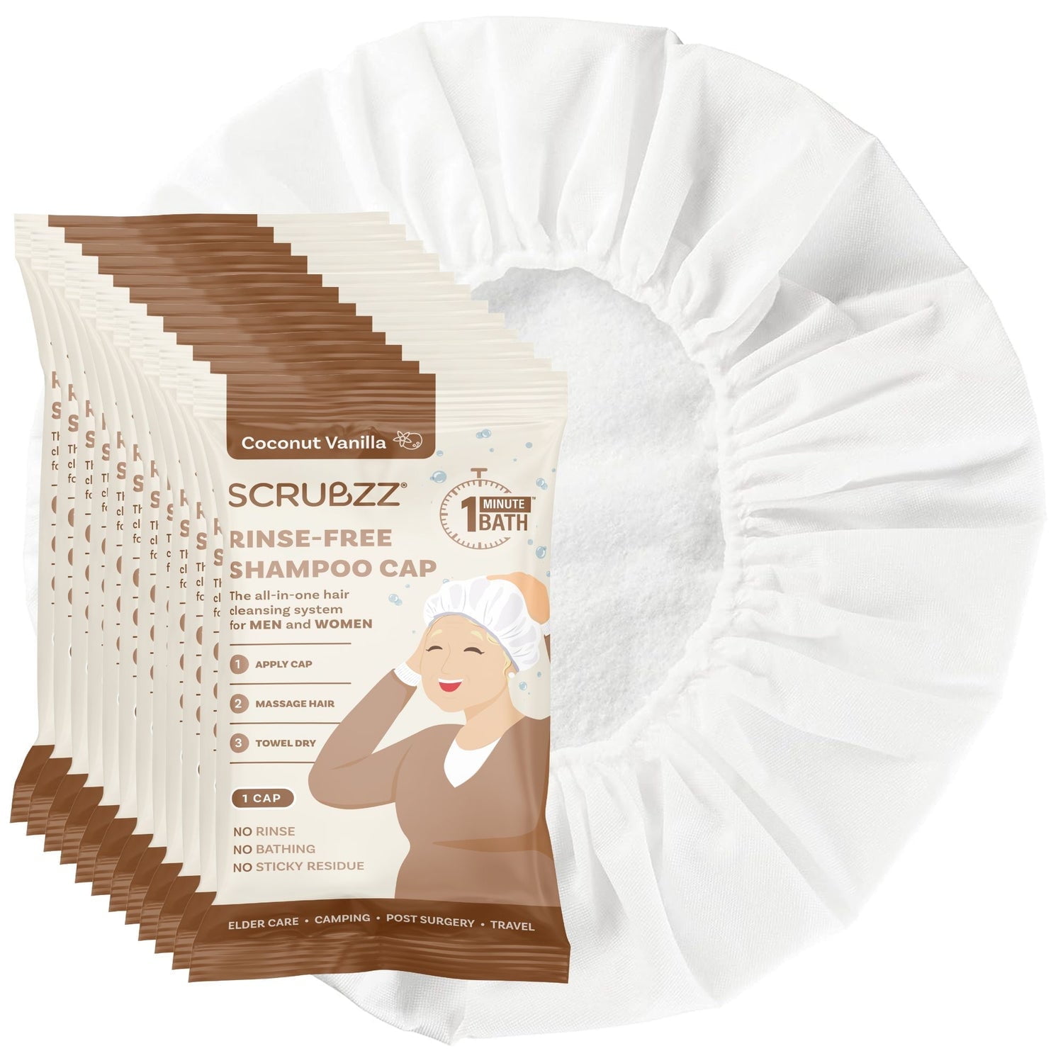 Scrubzz Rinse-Free Shampoo Caps, Microwavable, No-Rinse, Coconut ...