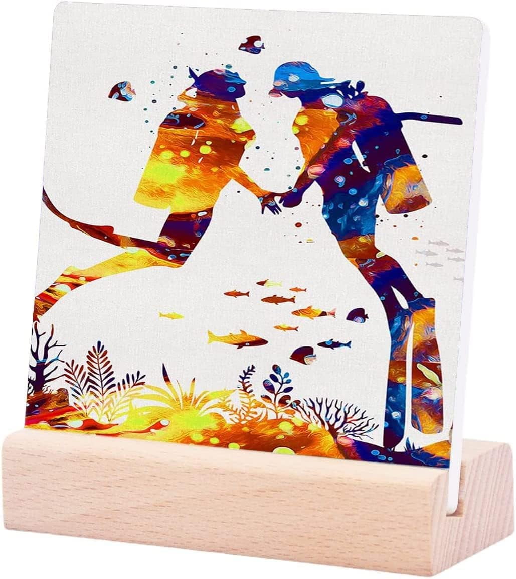Scuba Diving Couple Ceramic Table Plaque with Wooden Stand Desk ...
