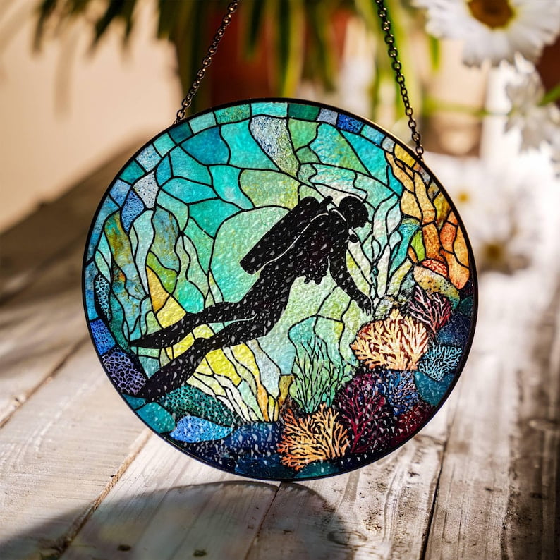 Scuba Diving Stained Glass SunCatcher Scuba Diver Gifts Light Catcher ...