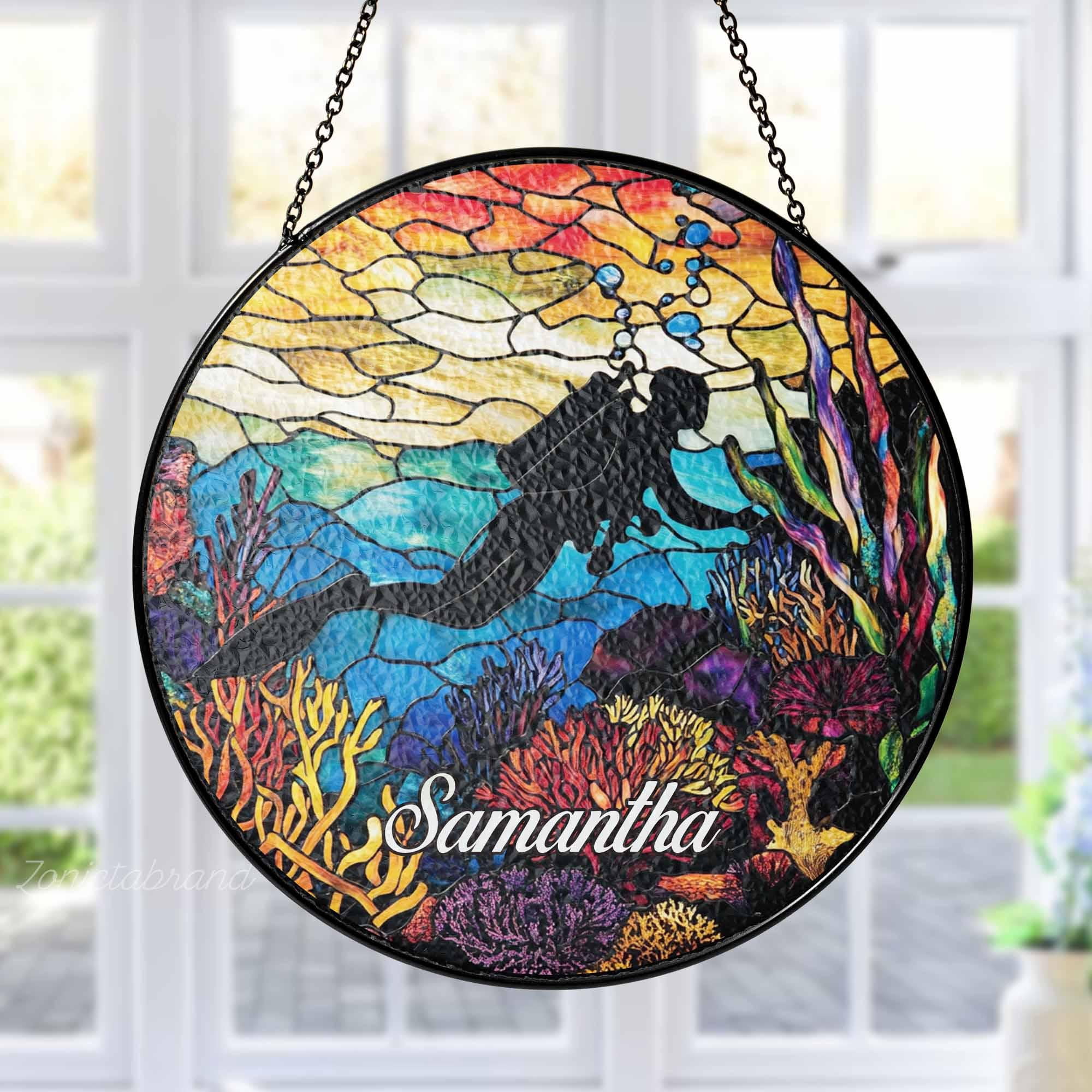 Scuba Diving Stained Glass Suncatcher, Diver & Coral Reef Window ...