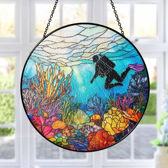Scuba Diving Stained Glass Suncatcher, Ocean Window Hanging, Diver ...