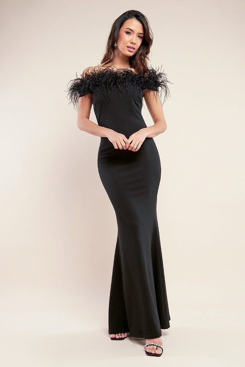 Scuba Off The Shoulder Feather Trim Maxi Black / 6 - Walmart.com