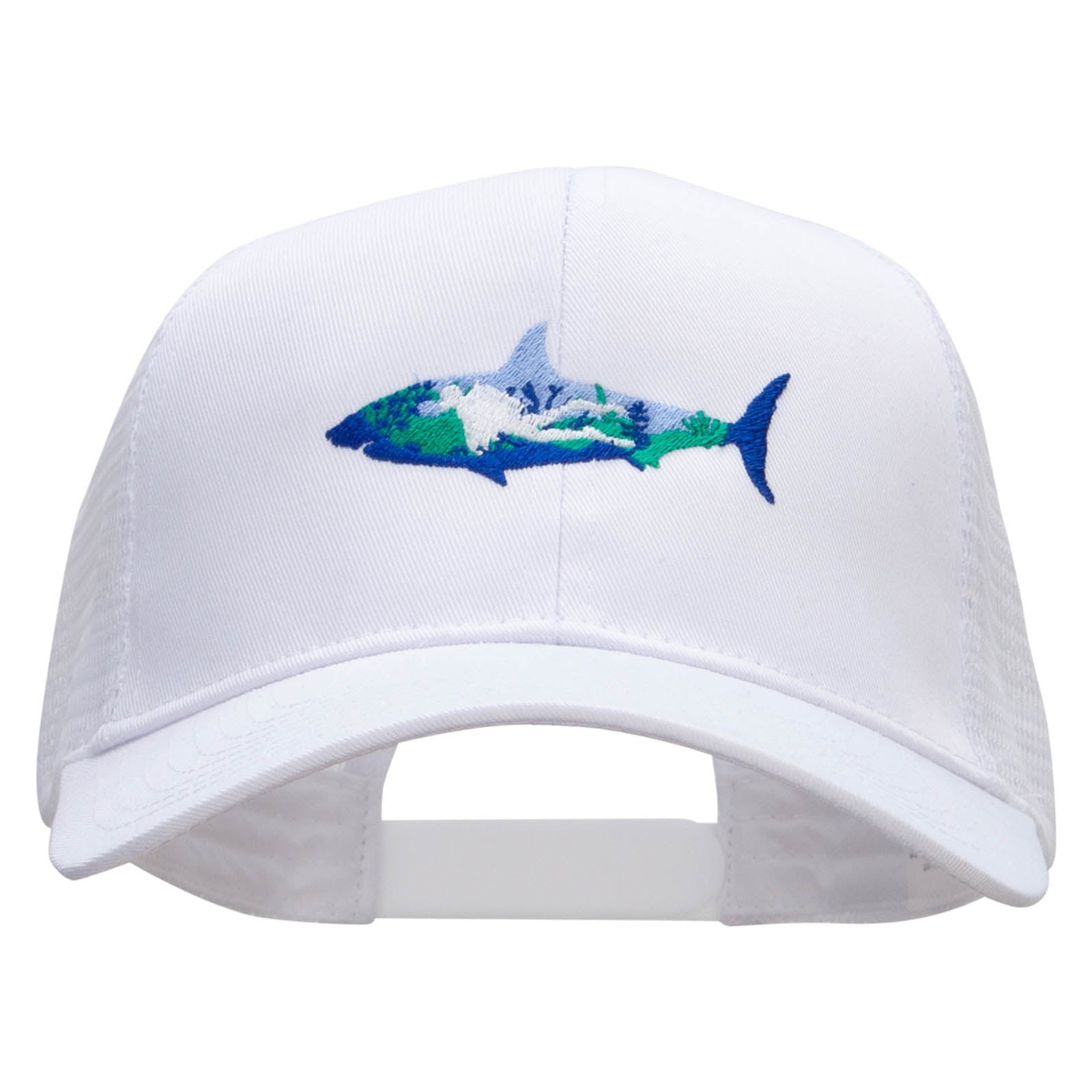 Scuba Shark Embroidered Solid Cotton Twill Mesh Prostyle Cap - White ...