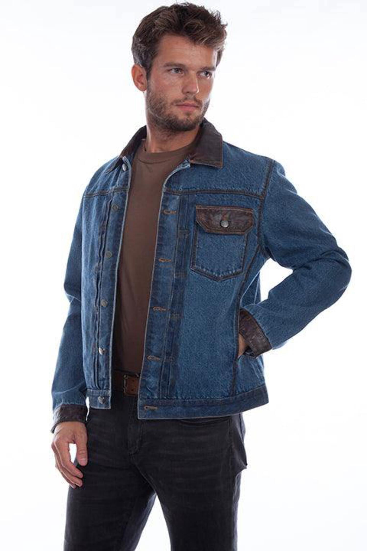Scully 2014-193 XL Mens Denim & Brown Leather Trim Jean Jacket, Blue ...