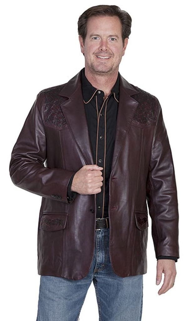 Scully 650-179-48 Mens Leather Wear Lambskin Blazer with Genuine Ostrich Trim- Black Cherry ...