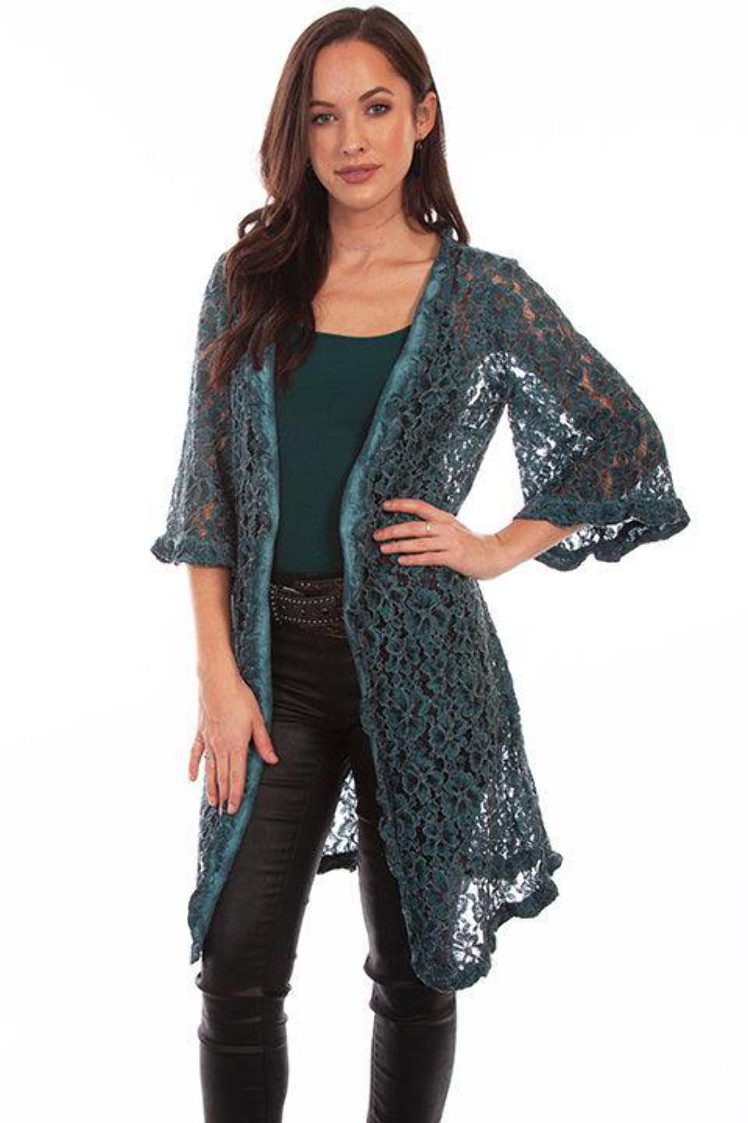 Scully HC643-DCY-M Women Floral Lace Cardigan, Dark Cyan - Medium ...