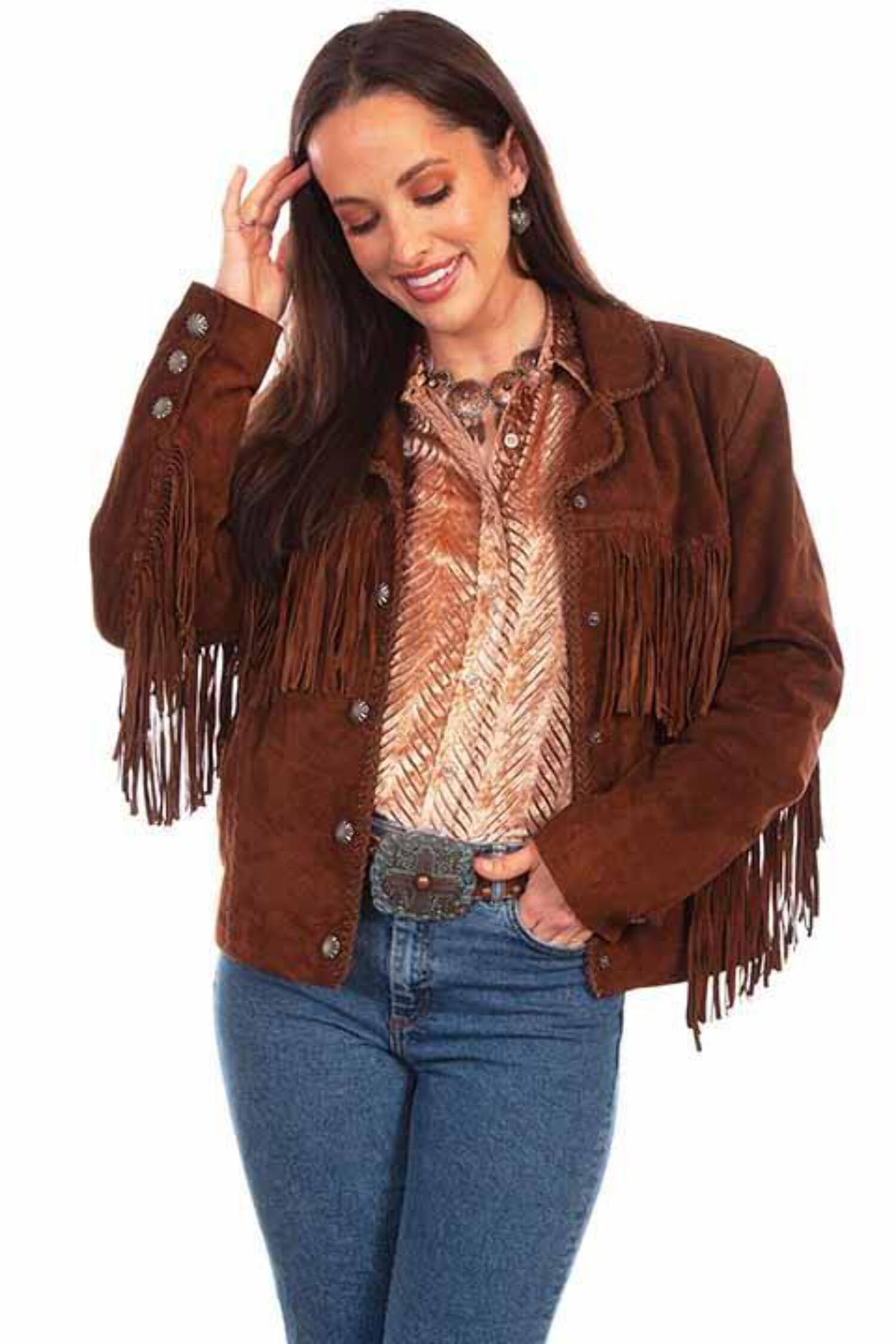 Scully L1080-125 XL Womens Suede Jacket with Fringe & Lacing, Caf Brown ...