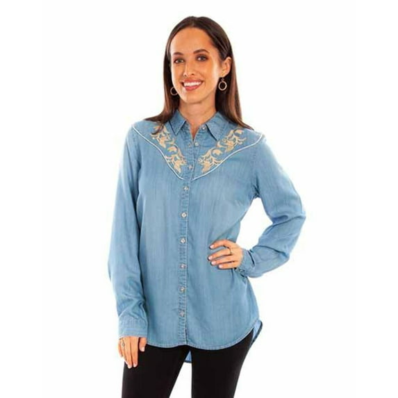 Scully HC847-BLU-L Women Tencel Blouse with Embroidered & Piping, Blue ...