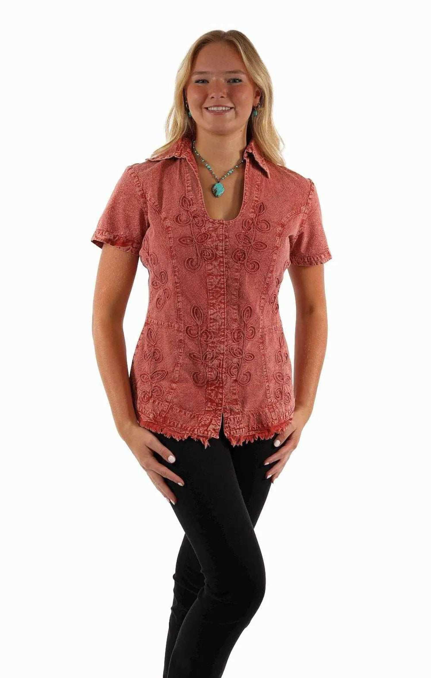 Scully Leather Cantina Short Sleeve Emb. Blouse Red - Walmart.com