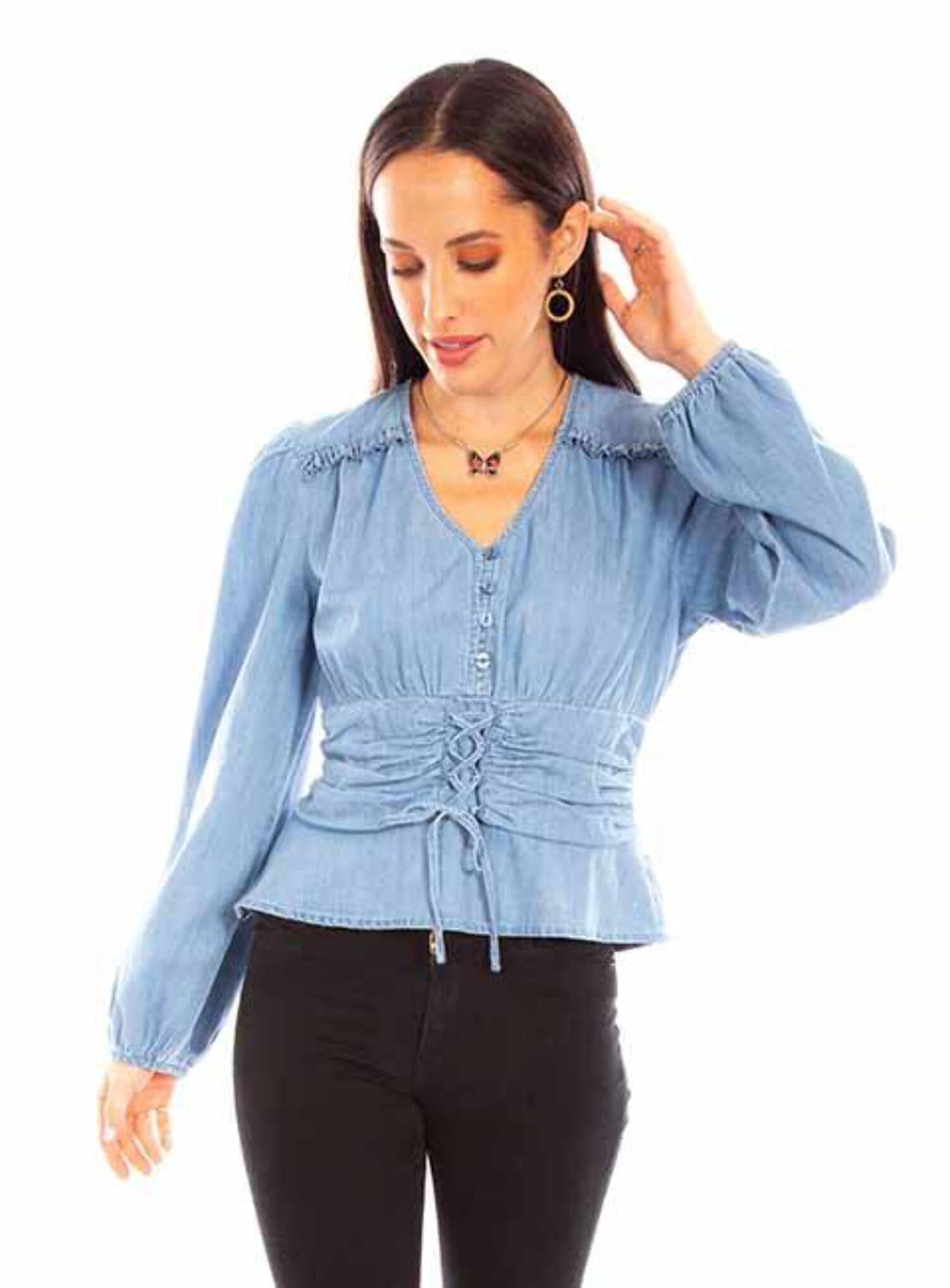 Scully HC849-DEN-L Women Peplum Blouse with Lace Up, Denim - Large ...