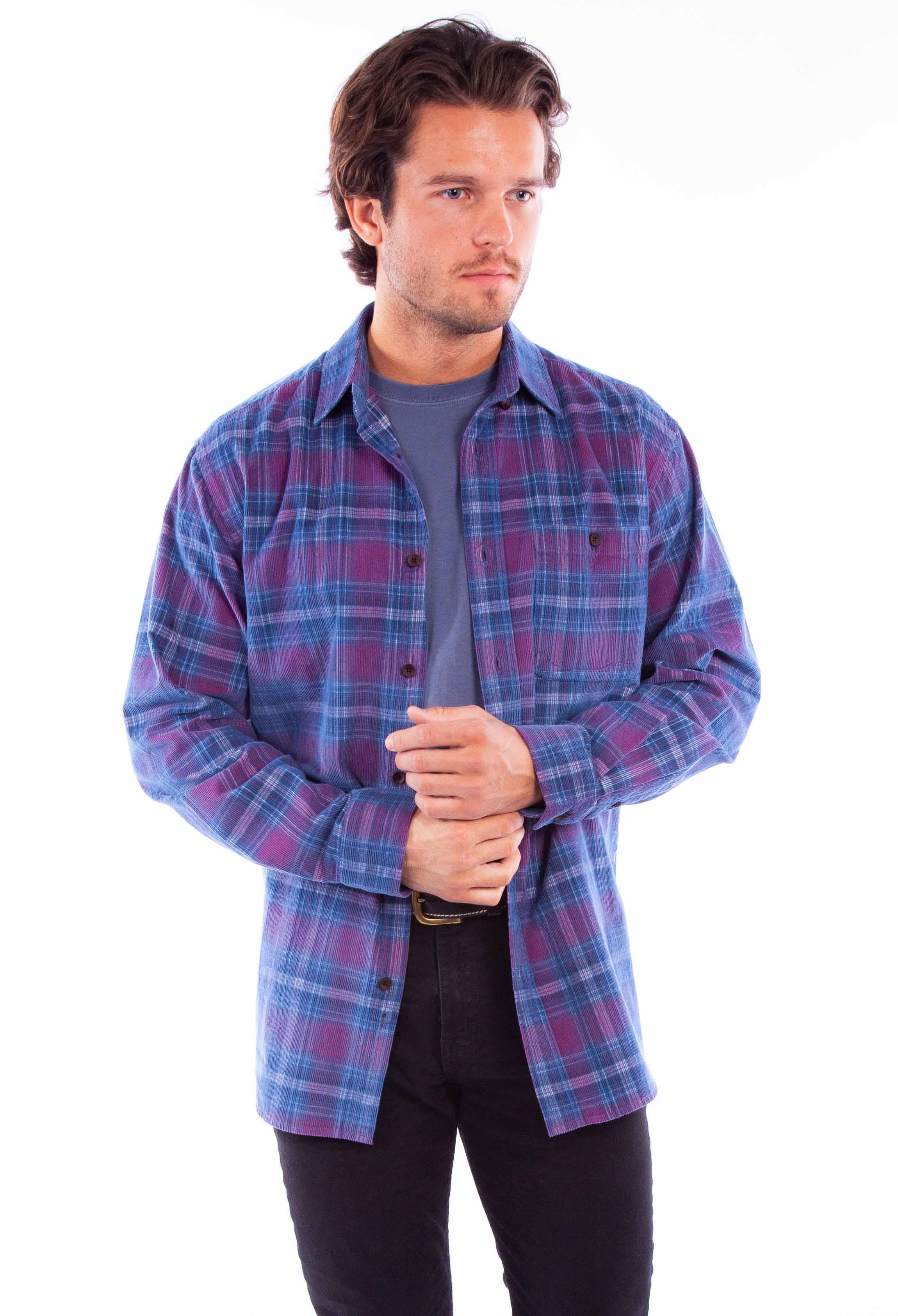 Scully 5360-RBL-L Men Corduroy Plaid Shirt, Red & Blue - Large ...