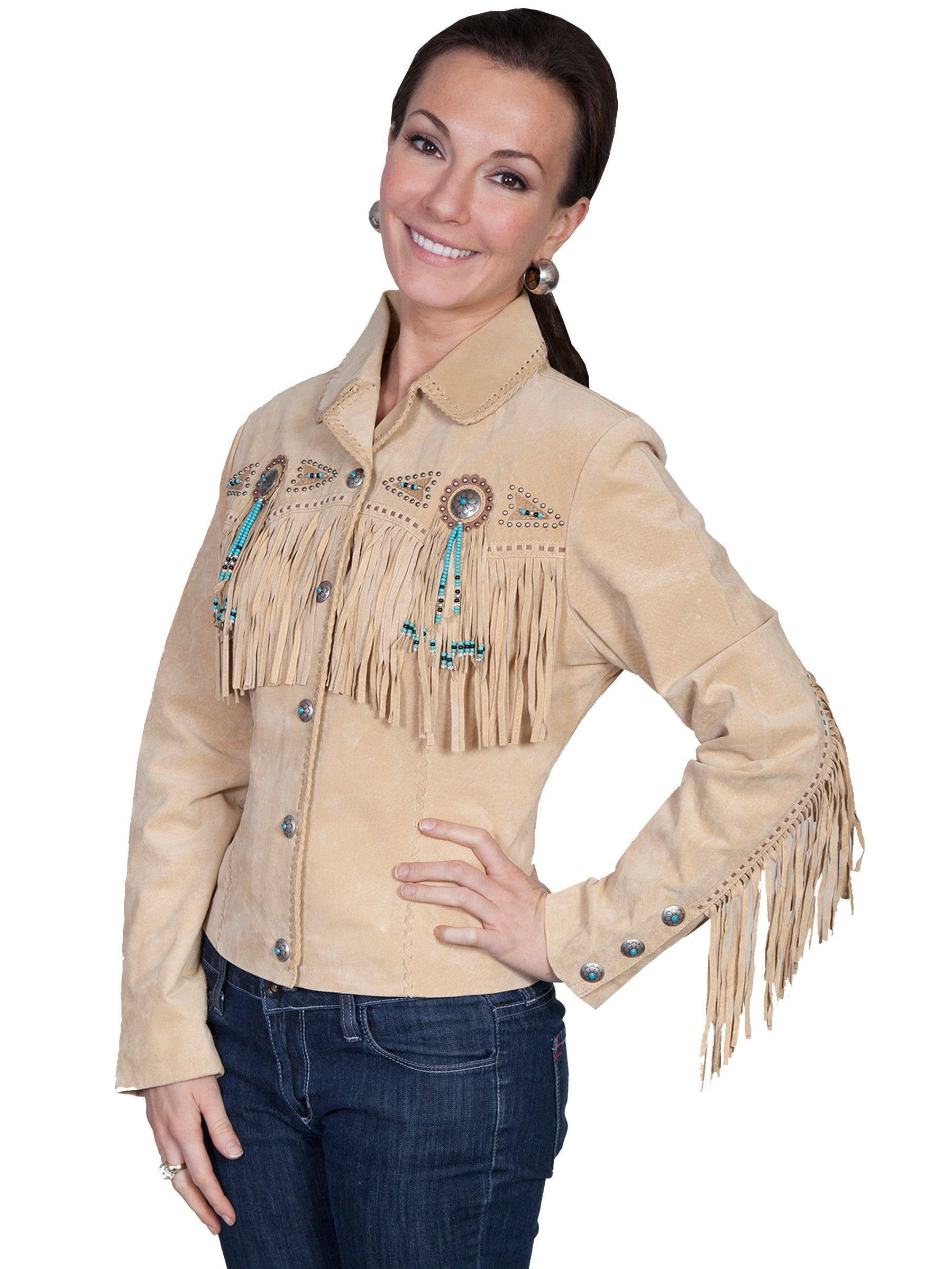 Scully Leather Womens Beaded Fringe Conchos Boar Suede Jacket Chamois ...