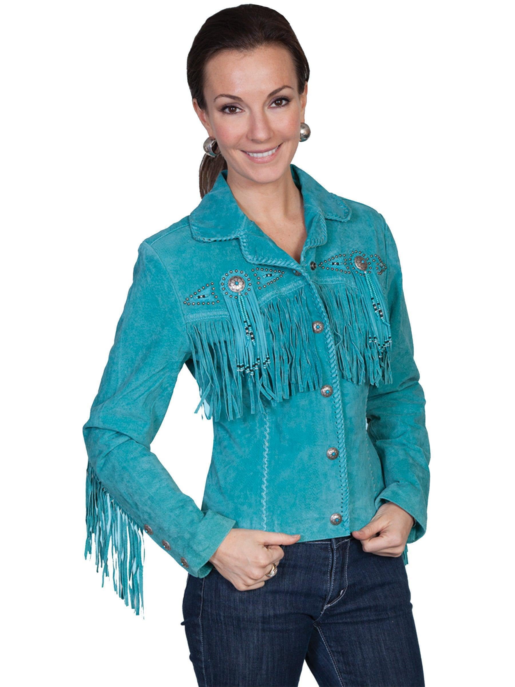 Scully Leather Womens Beaded Fringe Conchos Boar Suede Jacket Turquoise ...