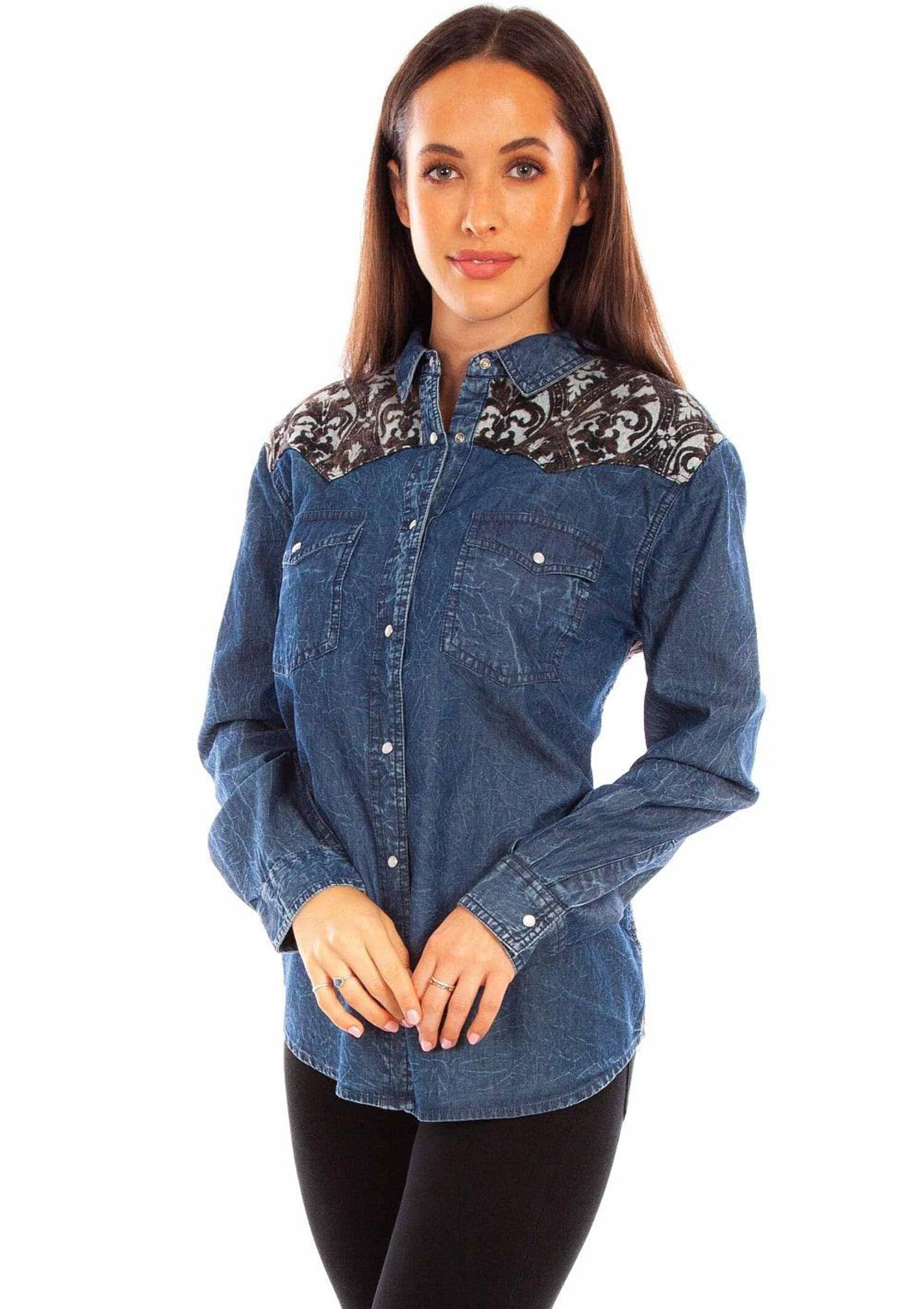 Scully Leather Womens Denim Western Button-Down Shirt - Walmart.com