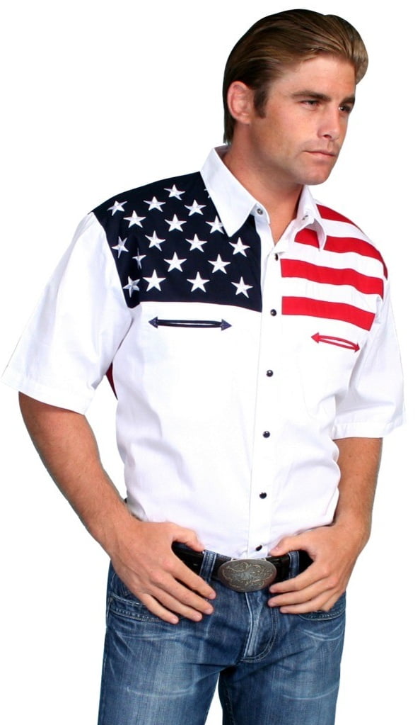 Scully Western Mens White 100 Cotton S S American Flag Western Shirt M